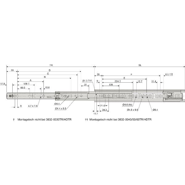 ACCURIDE 3832TR Kugelkäfigführung-griffloses Öffnen, Länge 600mm,Stahl ...