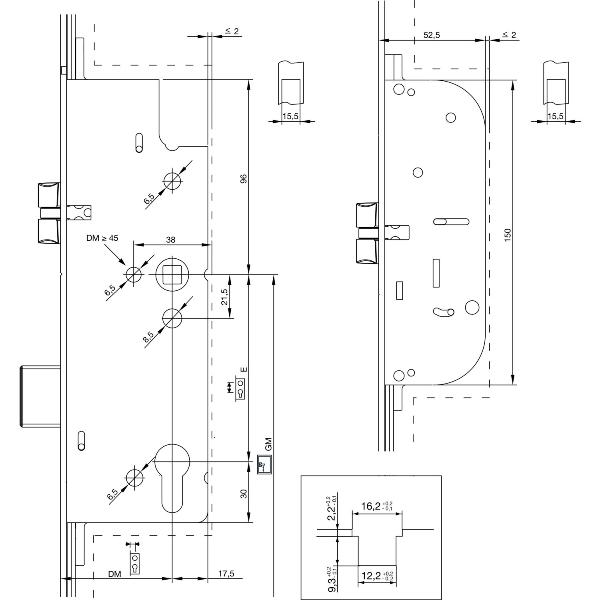 MACO MFV-Schloss Z-TF PT MF-i.S, DM 55,Stulp 2400 x 16 x 3 mm eckig,silberfärbig