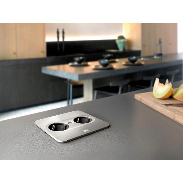 Bachmann Einbausteckdose TWIST 2 eckig, 2 x Schuko, Edelstahl Effekt